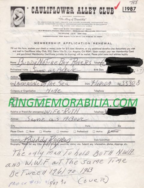 Wrestler "NATURE BOY" BUDDY ROGERS Original 1987 CAC Signed & Completed ...